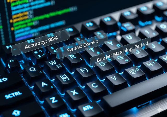 Programmer typing on keyboard with code editor open showing programming syntax and special ...