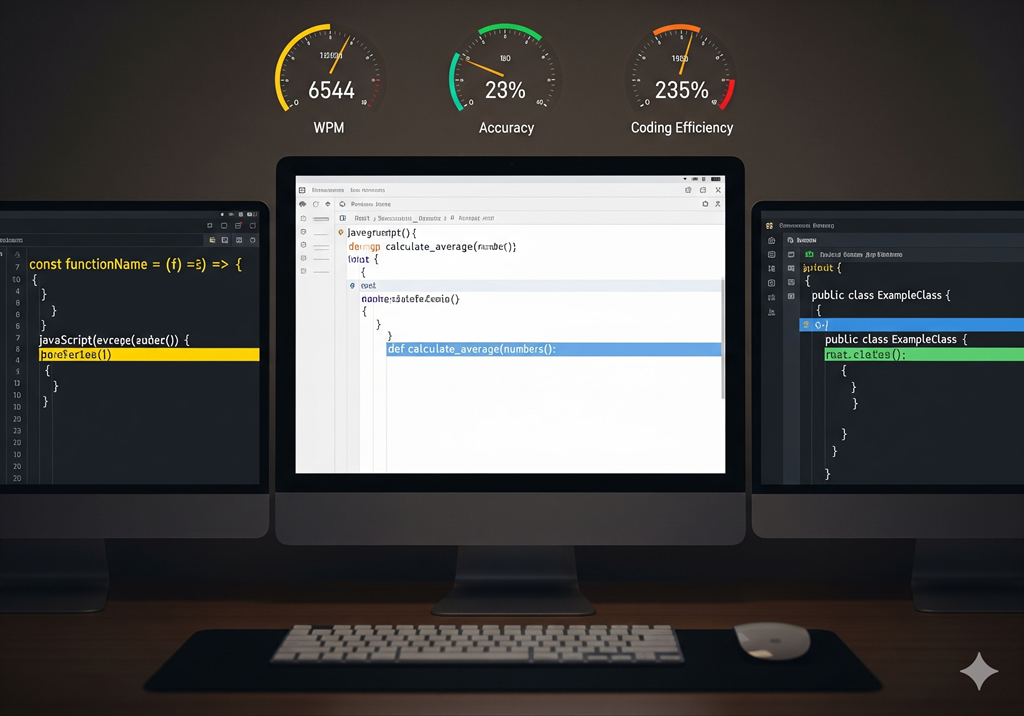 Developer working on JavaScript code with modern IDE showing syntax highlighting and code completion